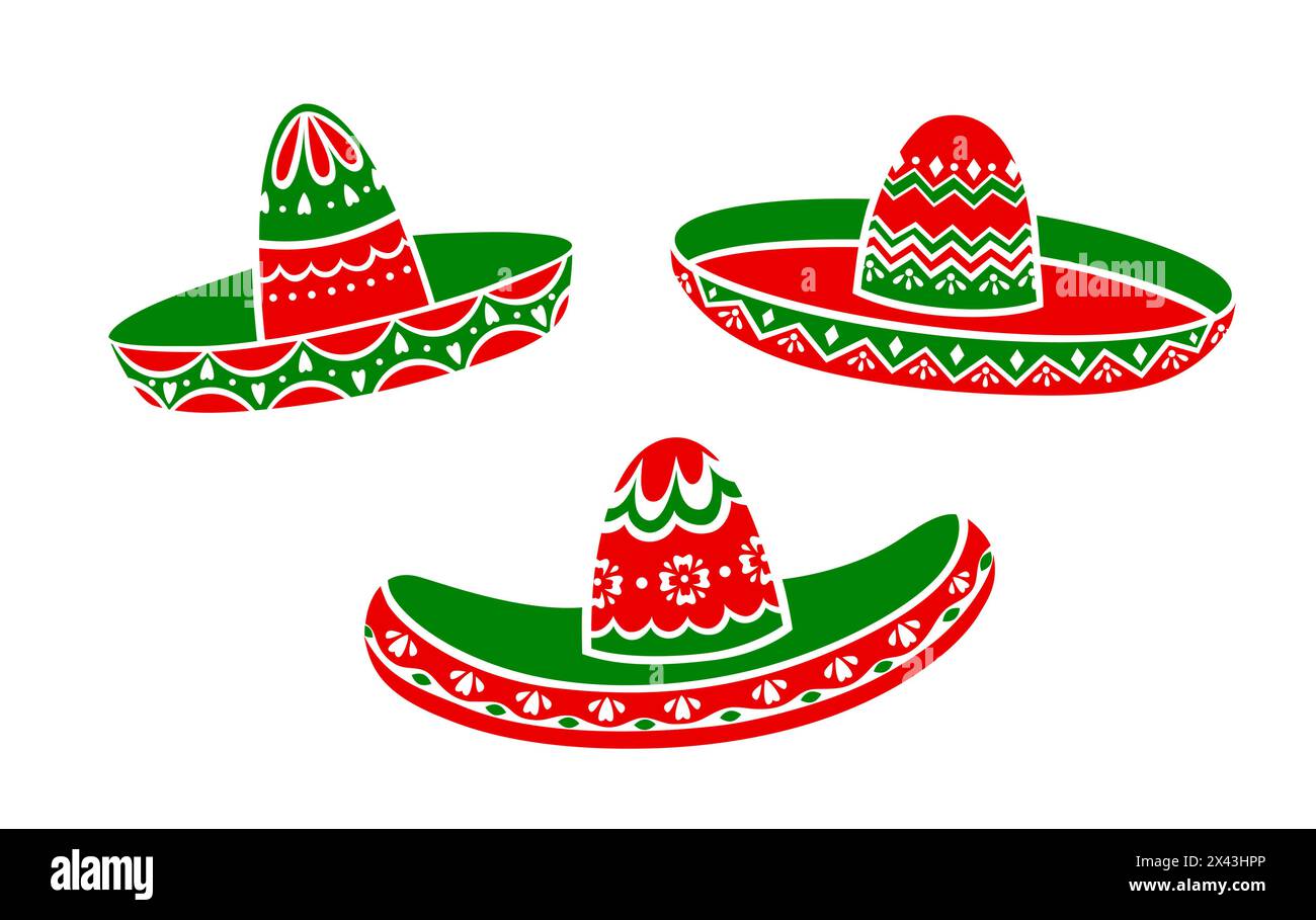 Isolated Mexican sombrero hats with ethnic ornament for holiday or ...