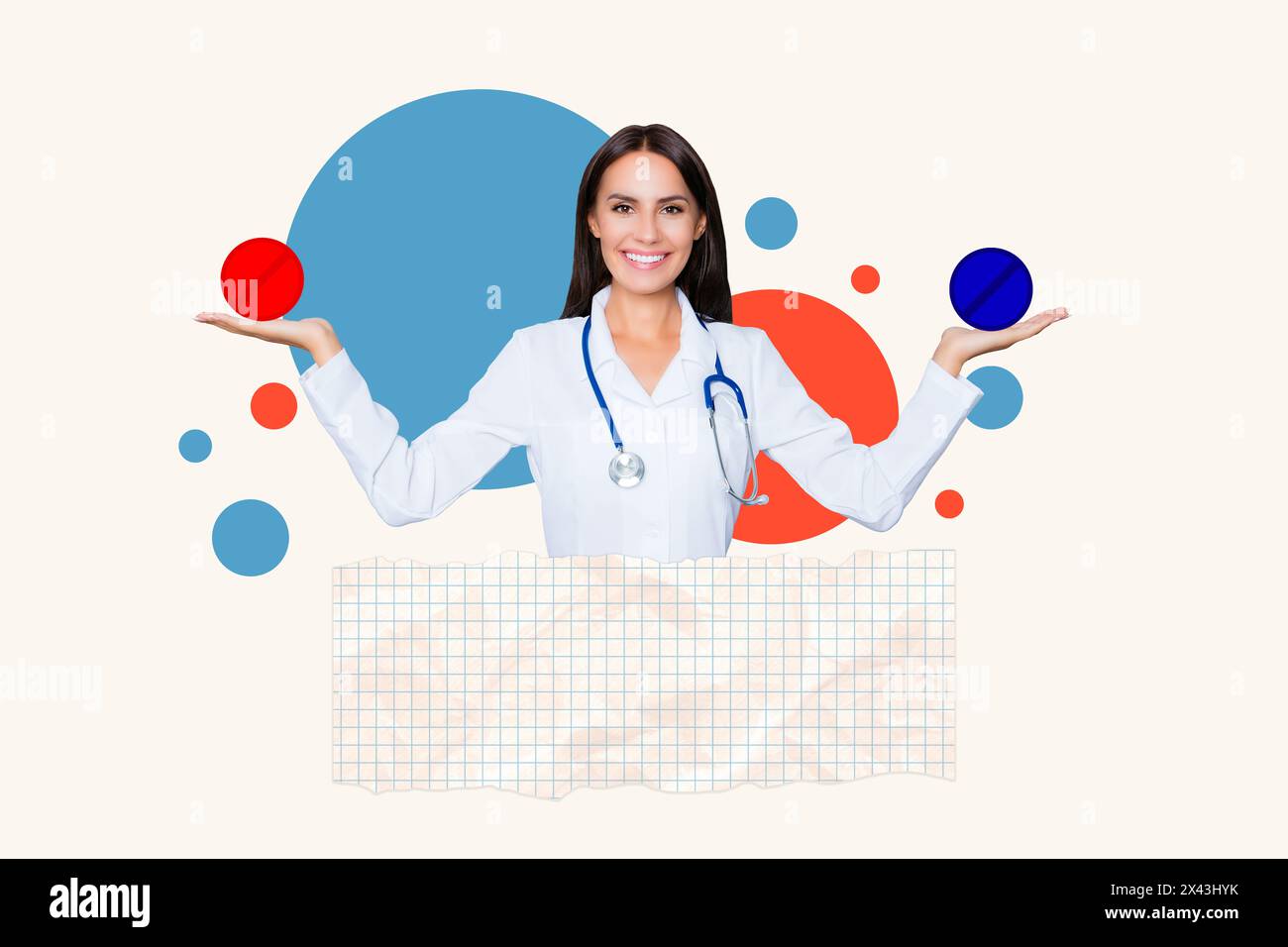 Creative picture collage young smiling nurse doctor holding two pills ...