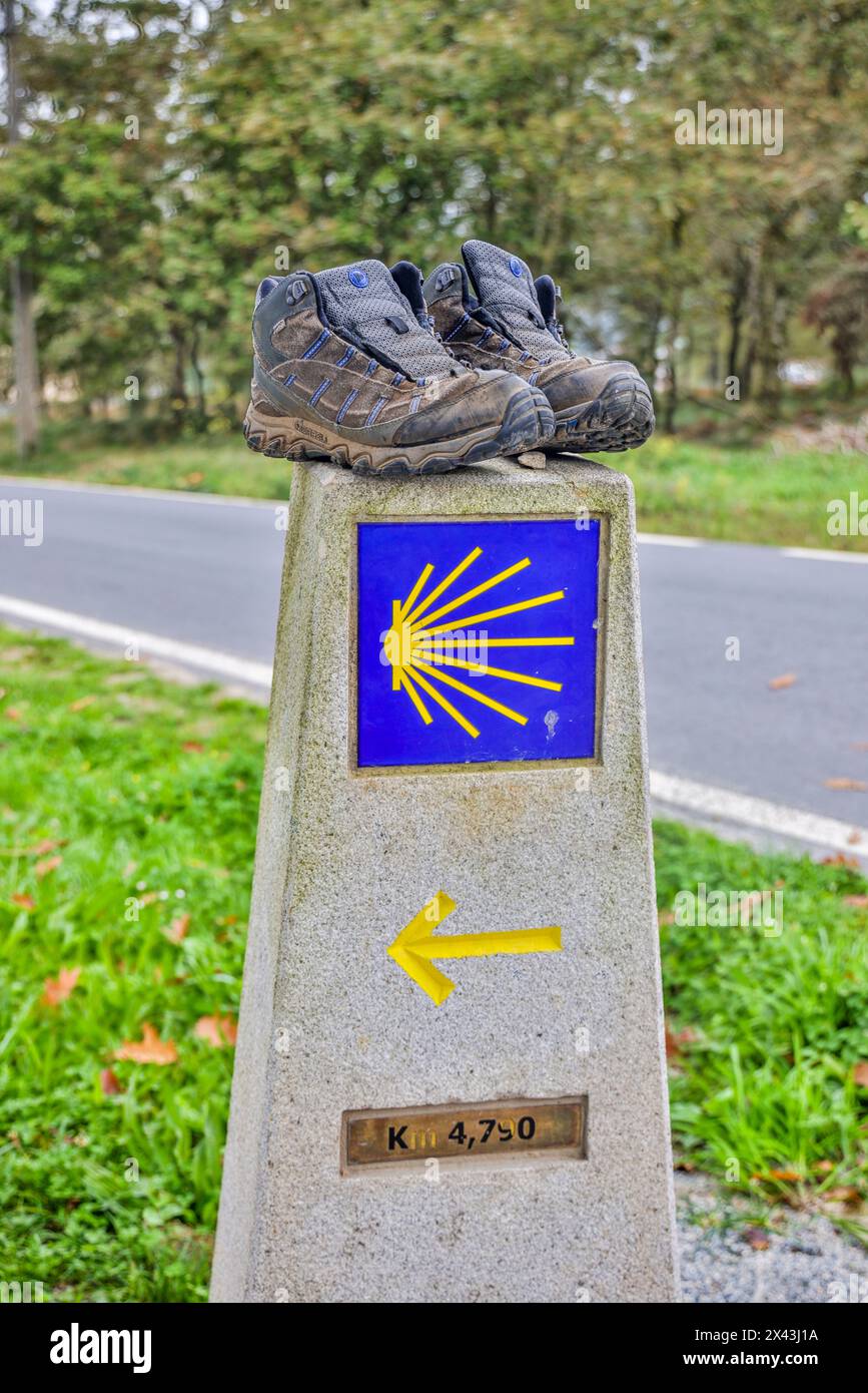 Spain, Galicia. Distance marker on the Camino de Santiago (Way of St ...