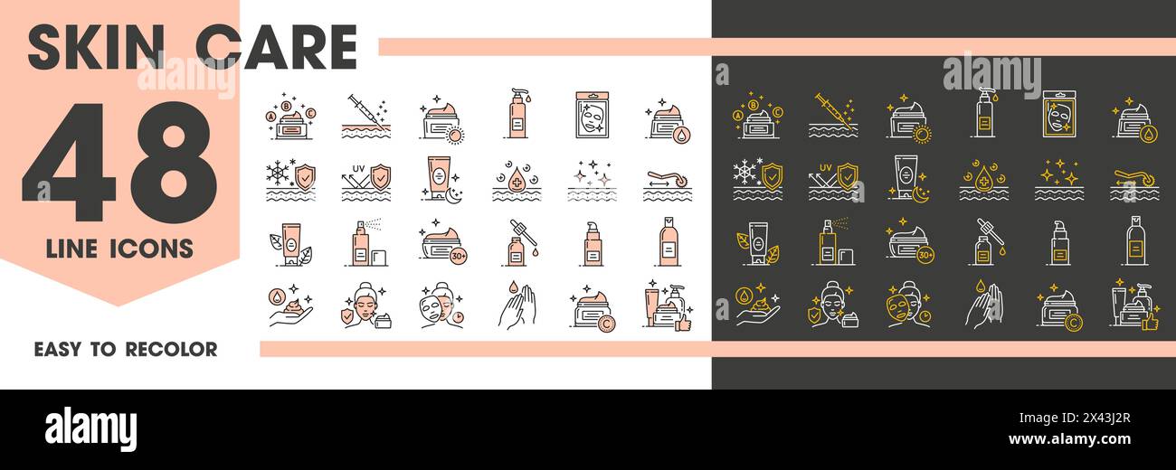 Face and hands skin care line icons, cosmetology and mesotherapy ...