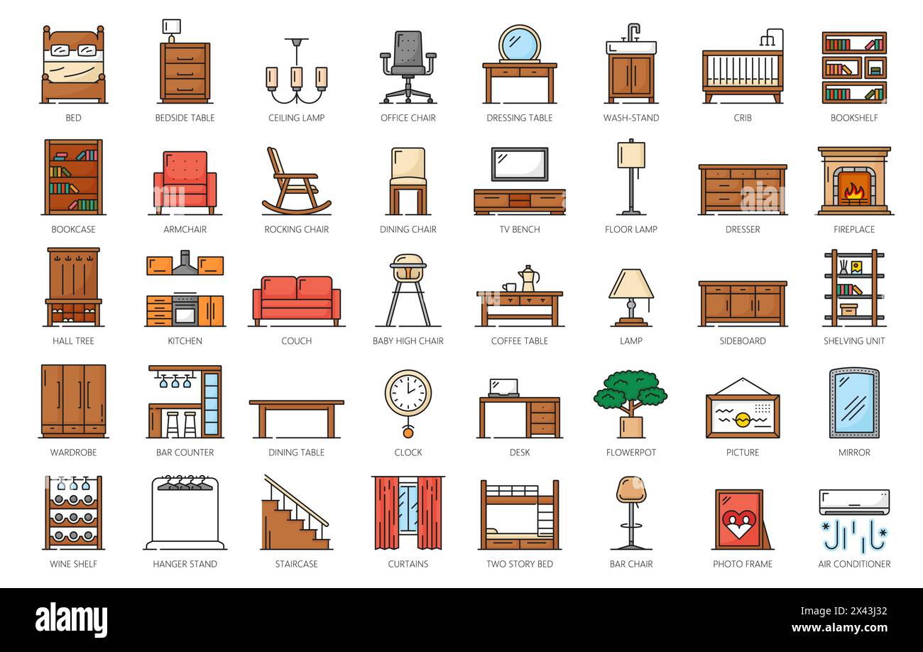 Color furniture icons, home interior and room decor. Vector thin line ...