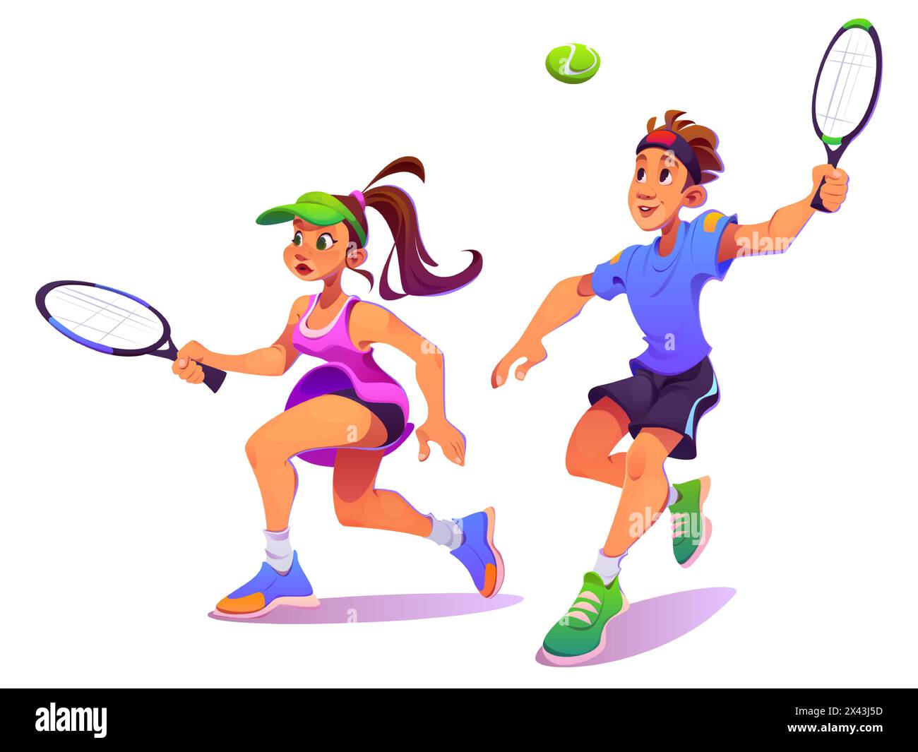 Tennis player male and female character with racket and ball. Cartoon ...