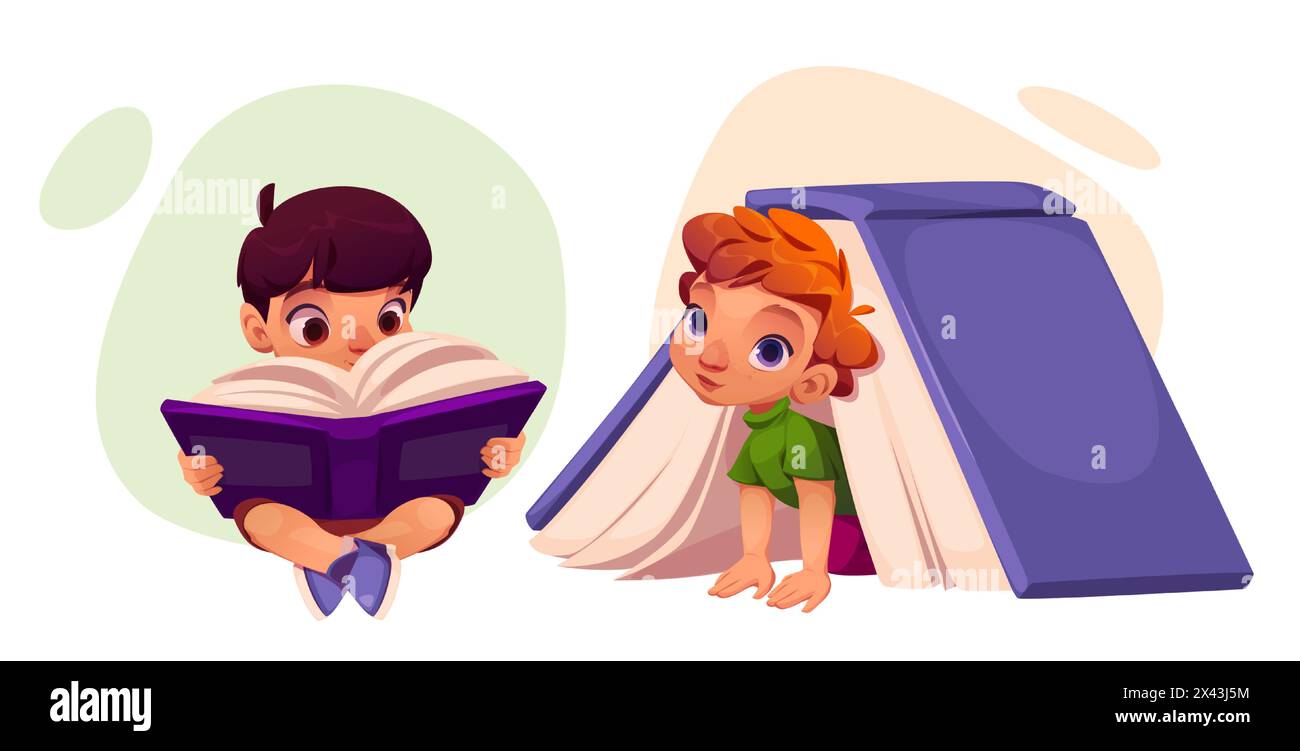 Boy kid read book in school library cartoon vector. Cute and happy ...