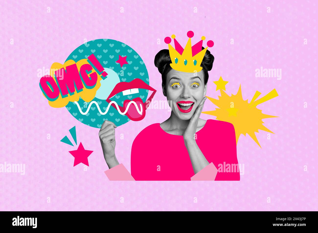 Creative Picture Collage Young Astonished Girl Royal Golden Crown Comics Concept Omg Wow