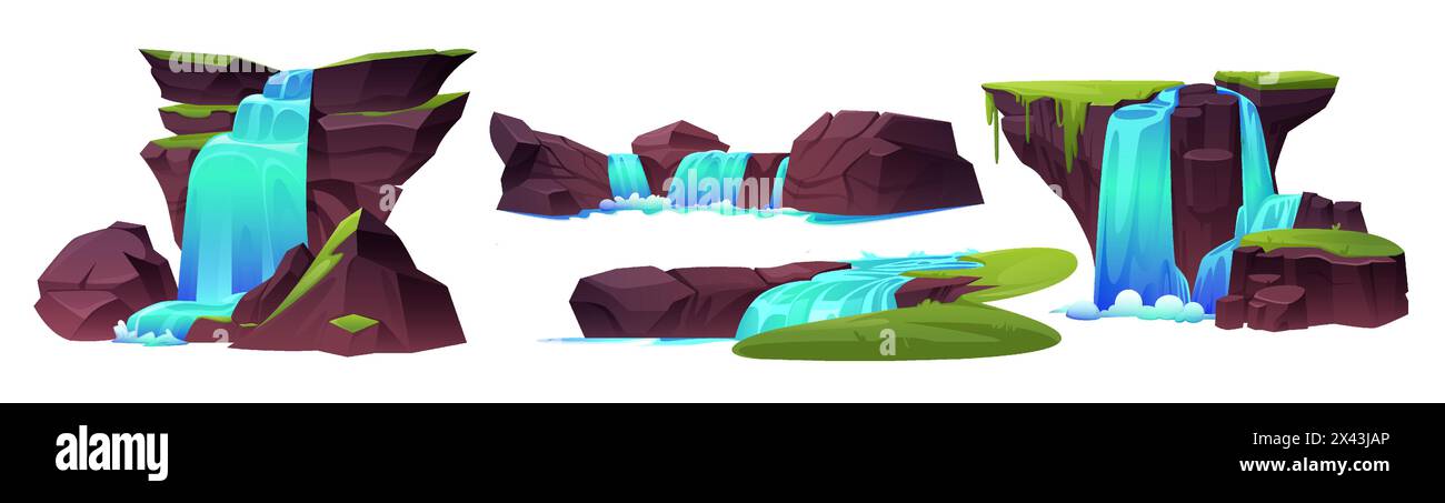 Waterfall cascade stream and rock cartoon icon. Water fall island ...
