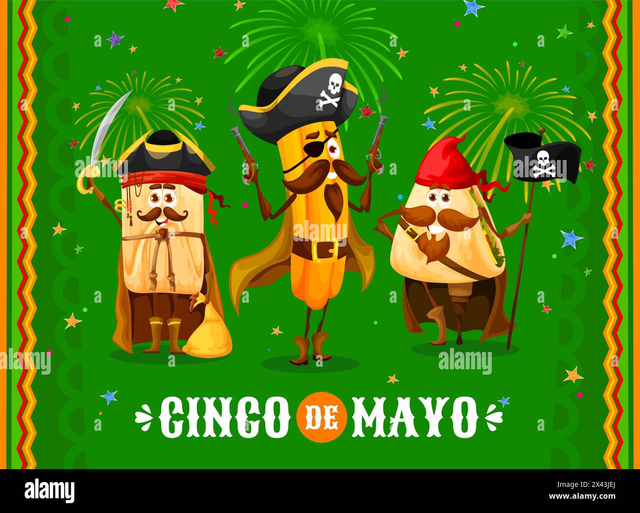 Cinco de Mayo holiday banner with Tex Mex Mexican cuisine pirate ...
