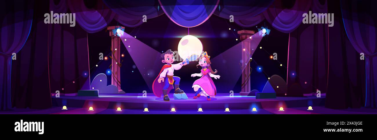 Children play on school theater stage with curtain. Princess kid on ...