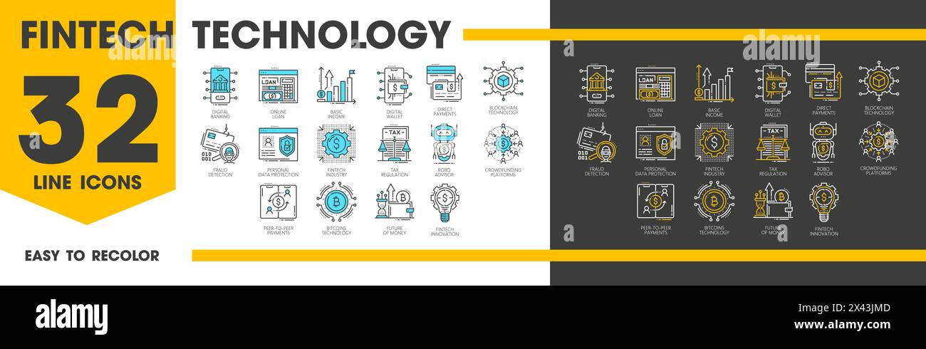 Fintech, blockchain and cryptocurrency technology, vector line icons ...