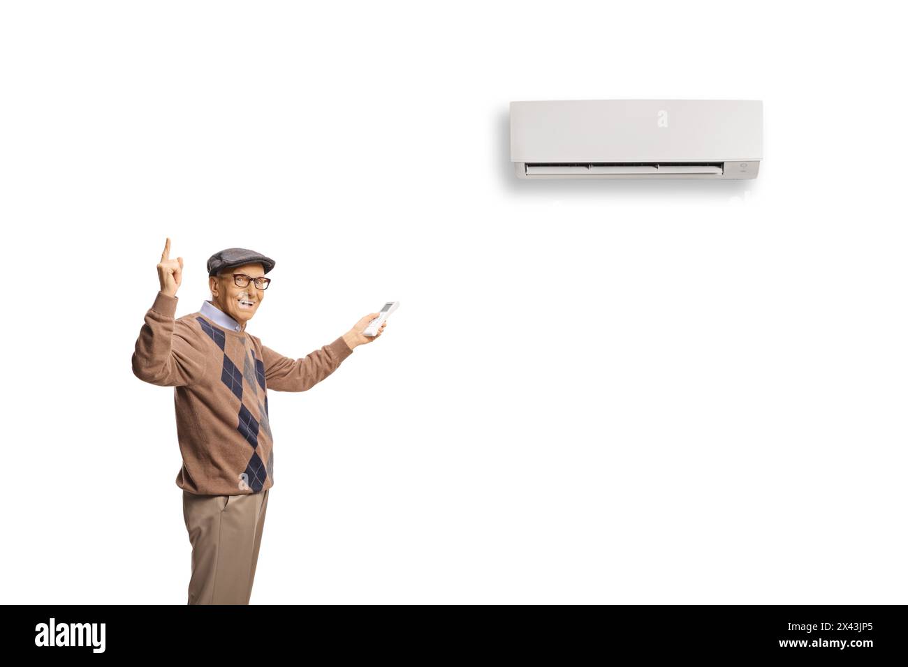 Elderly man putting on AC unit and pointing up isolated on white ...