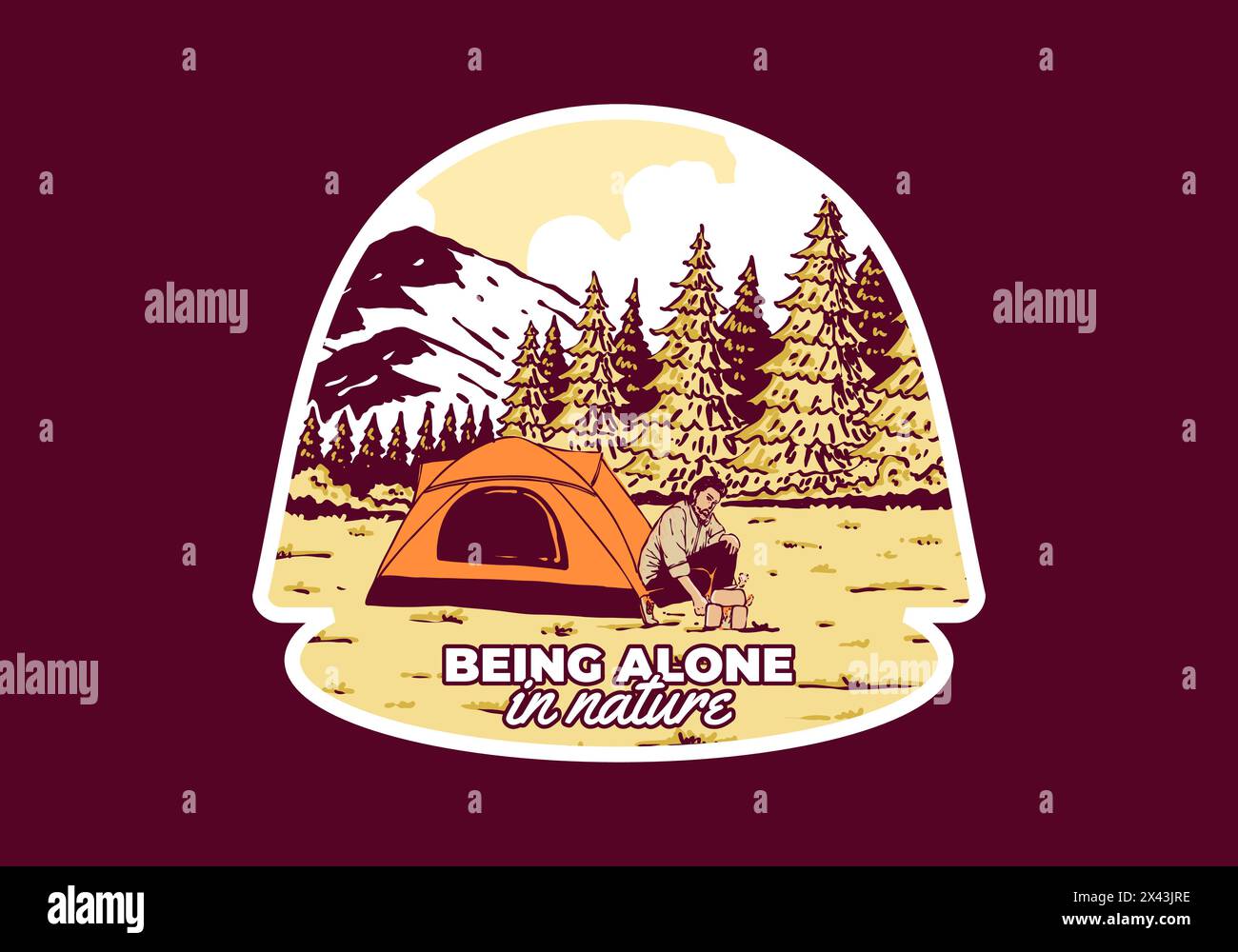 Camping alone in nature. Vintage retro outdoor illustration badge ...