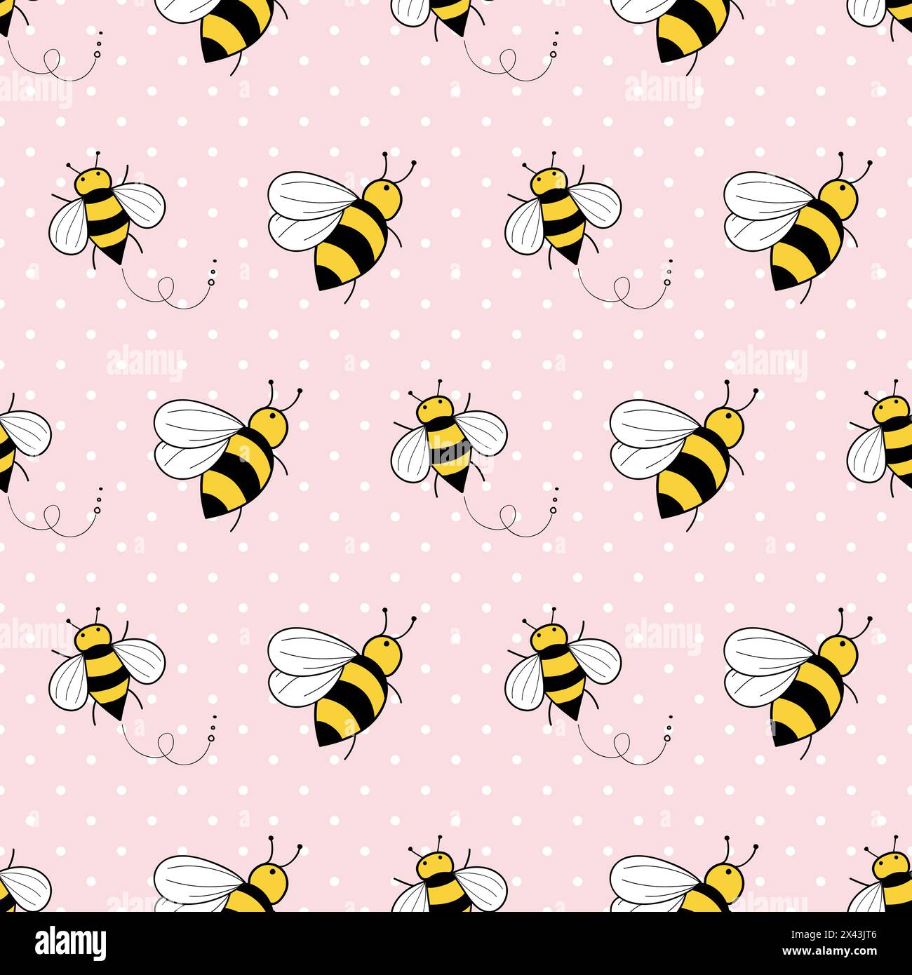 Cute bees seamless pattern on pink polka dots background illustration ...