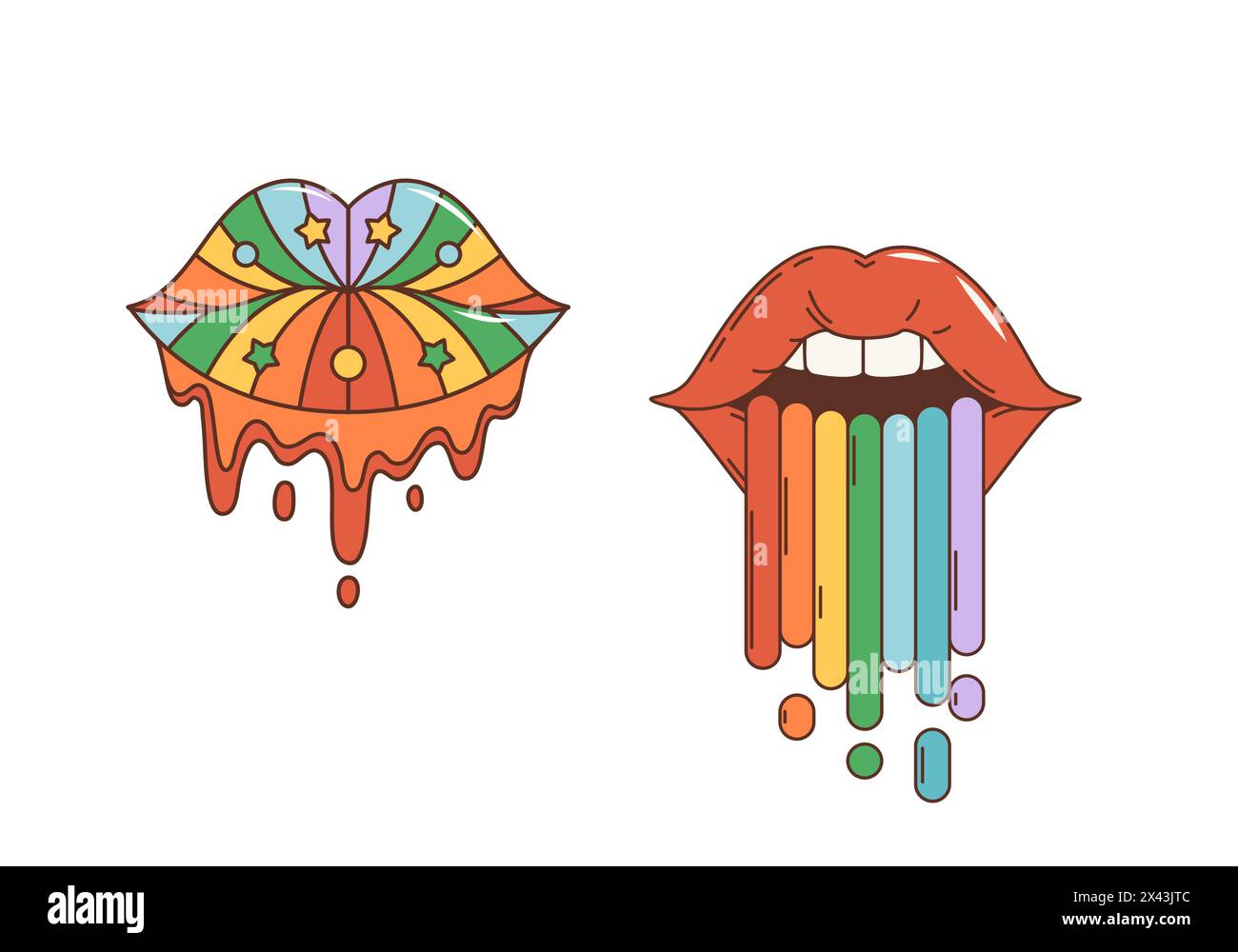 Cartoon retro hippie groovy woman lips with rainbow tongue, vector 70s pop art. Groovy kiss lips ...