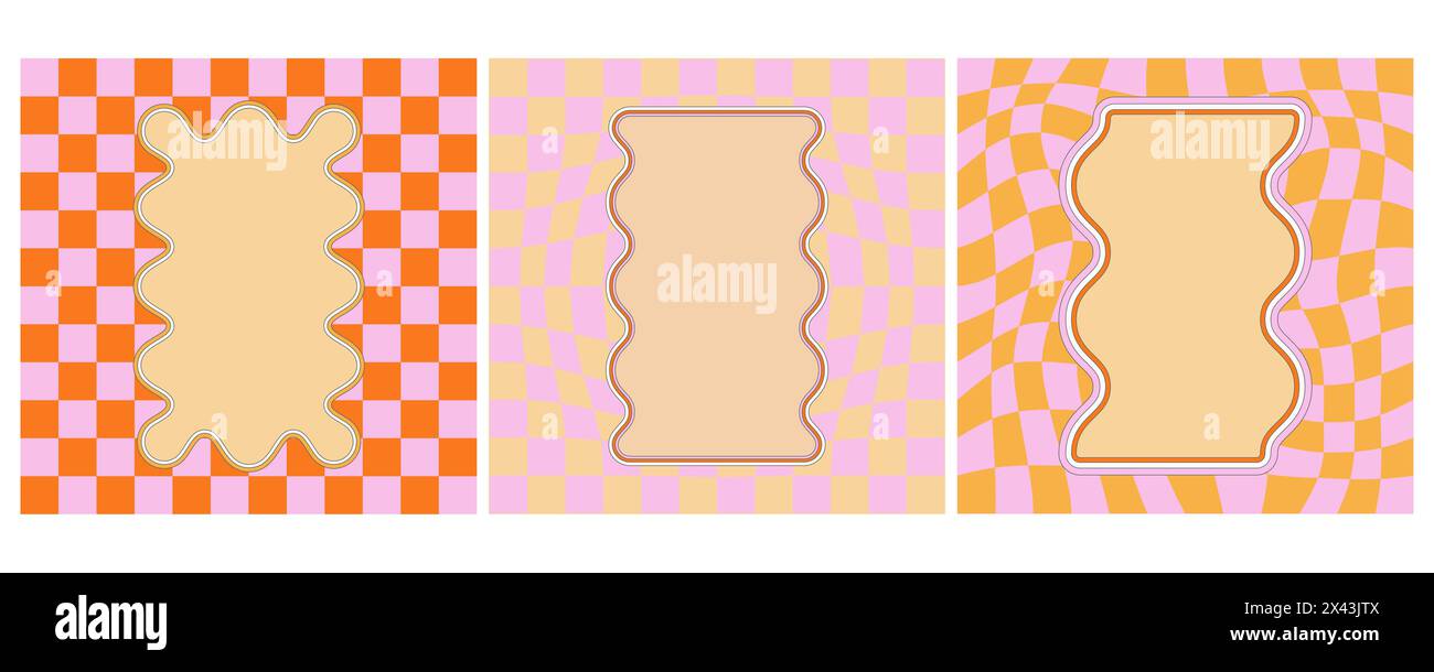 Groovy frames with wavy border on checkered background. Rectangle Y2k ...