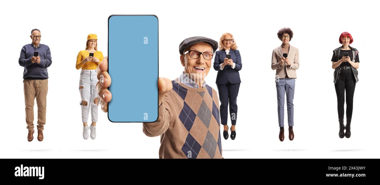 Senior man with a new smartphone and group of happy people with mobile ...