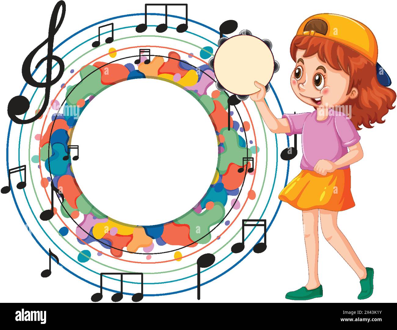 Cartoon girl with tambourine surrounded by musical notes Stock Vector ...