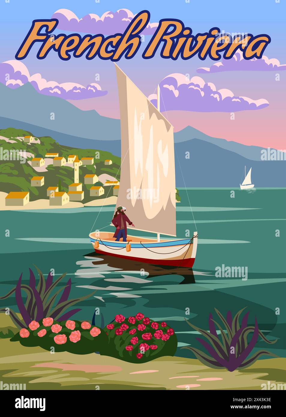 French Riviera Sailboat coast poster vintage. Resort, coast, sea, beach ...