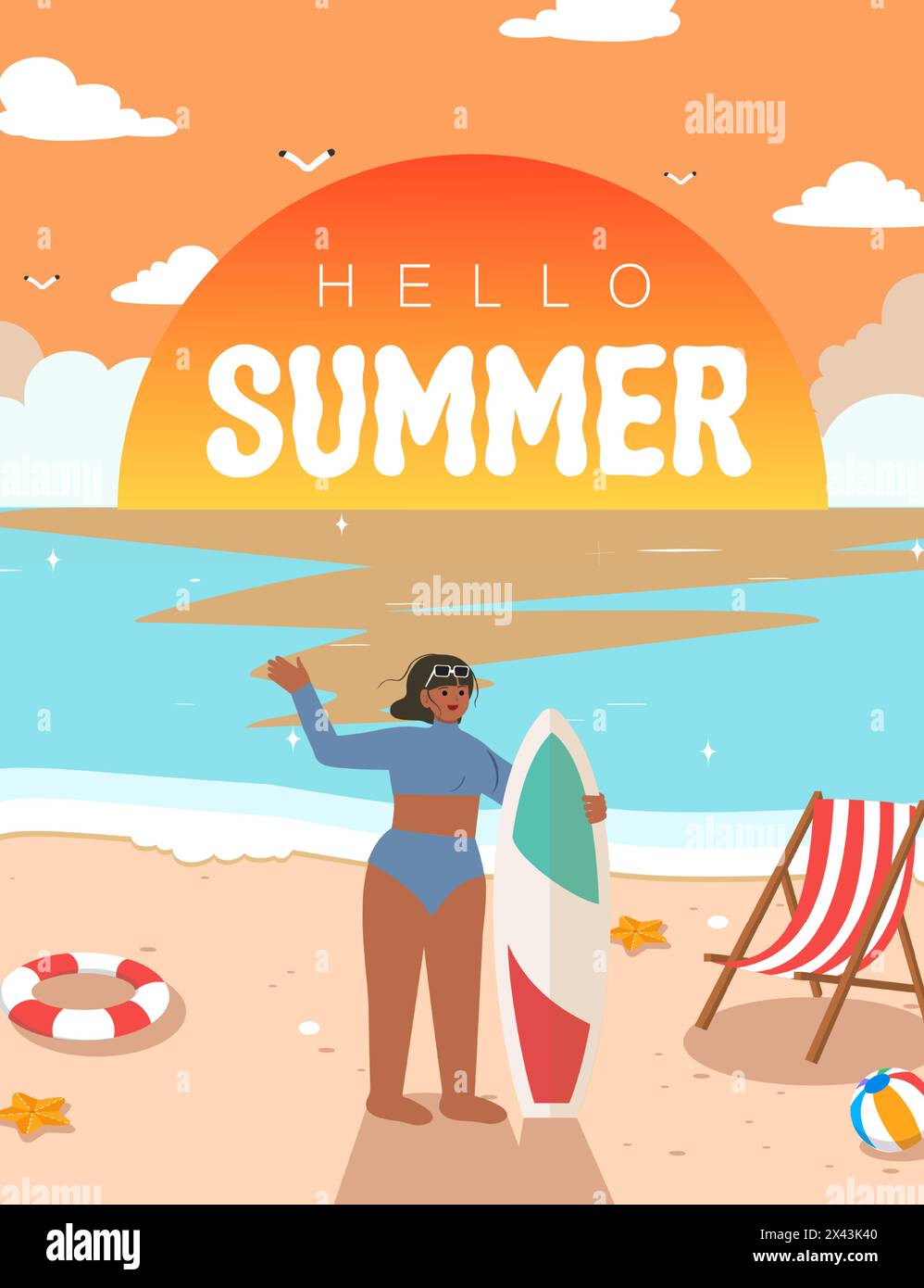 Hello summer. woman with surfboard on the beach. Summer activity ...