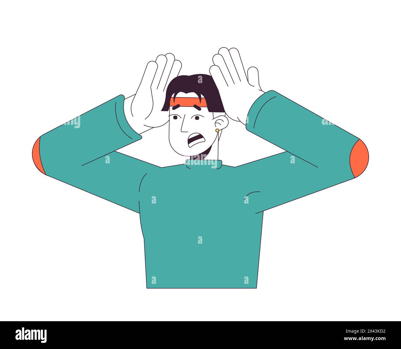Emotional asian man squeezing head 2D linear cartoon character Stock ...