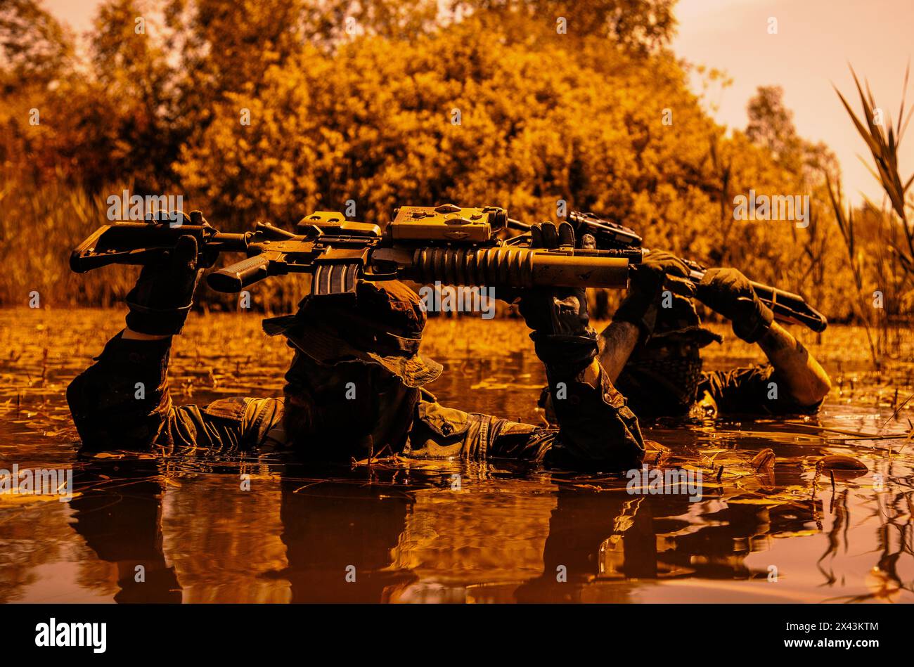 Soldiers move in the heart of a marsh, submerged in swampy waters with ...