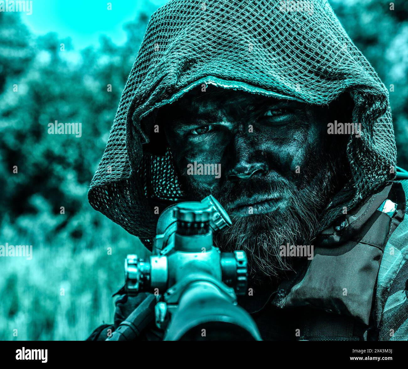 A camouflaged soldier with a piercing gaze, in tactical gear, keeps ...
