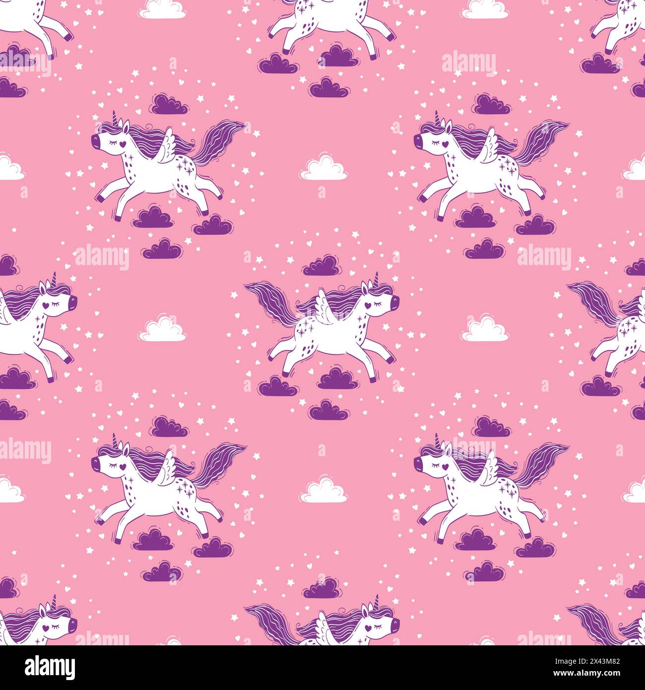 Vector Seamless Pattern Of Magical Unicorns In The Sky Among Fluffy