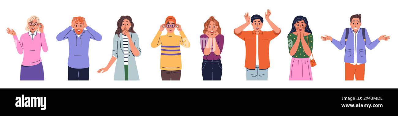 Happy people. Excited woman person face, wow teenage man character, joy ...