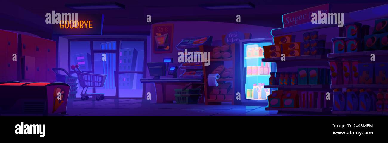 Supermarket interior with products on shelves and in refrigerators ...