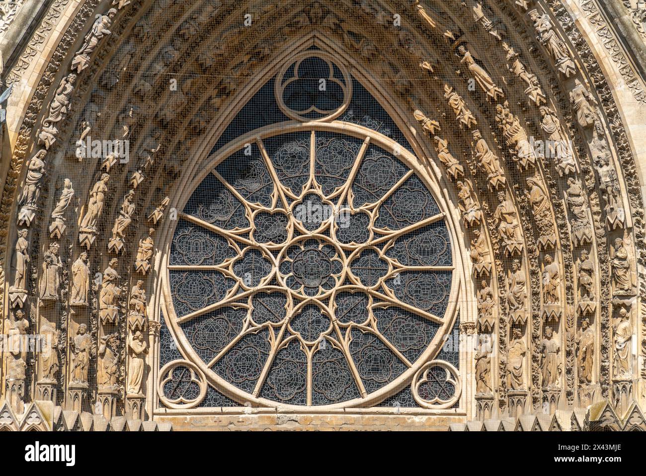 Central portal and rose window of the Reims Cathedral in Reims, the ...