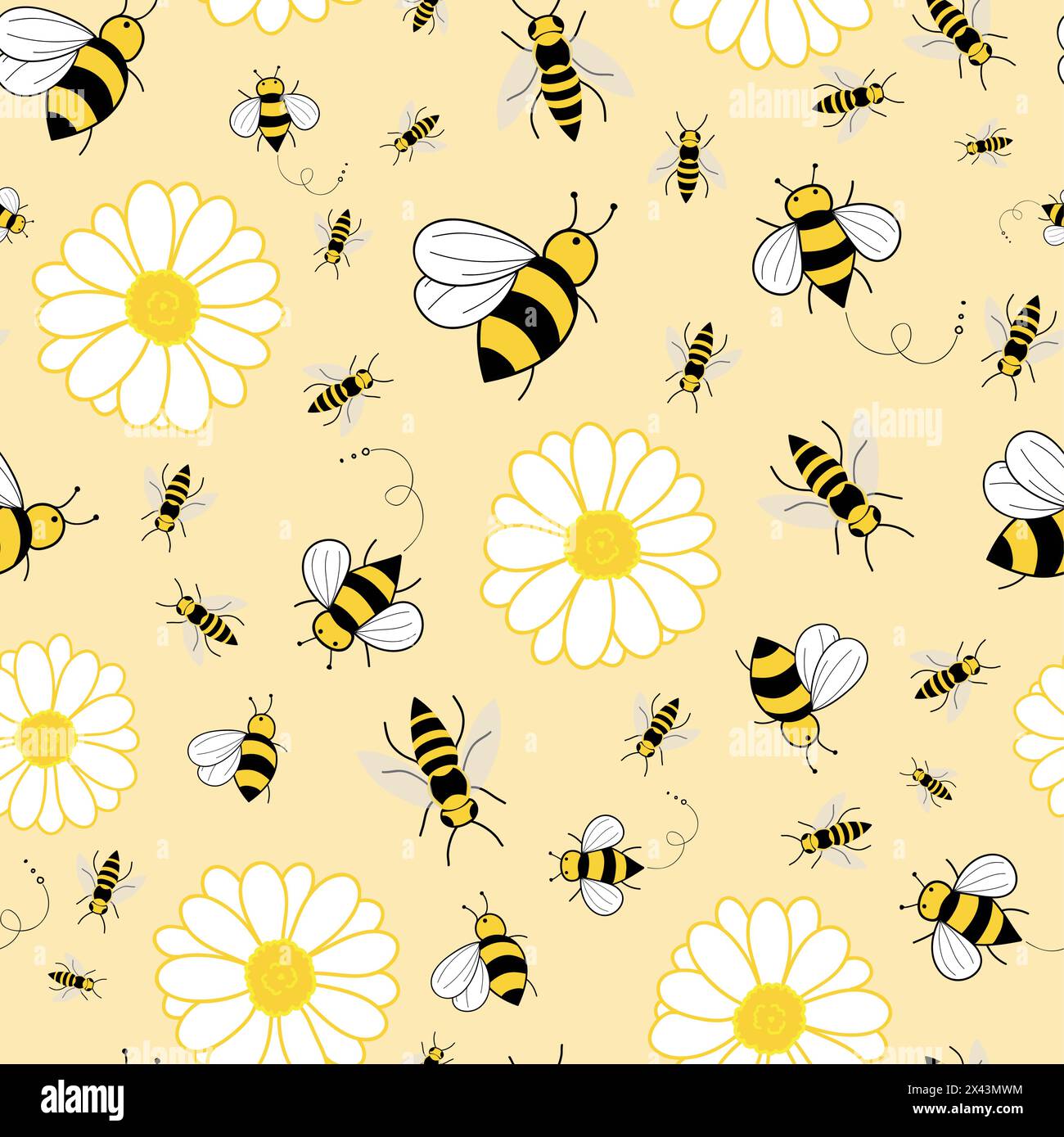 Seamless pattern vector bees with flowers on yellow background design ...
