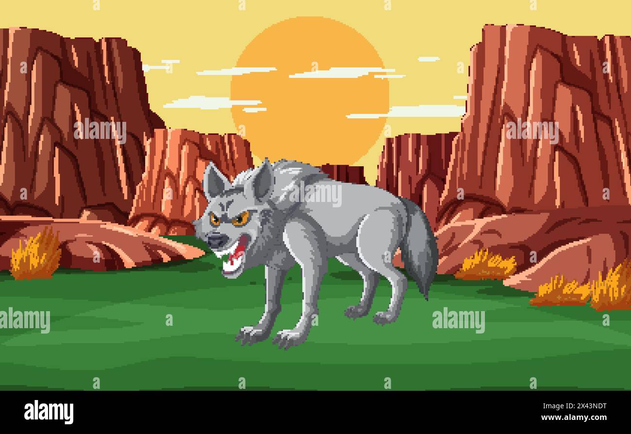 Illustration of a snarling wolf in a desert setting Stock Vector Image ...