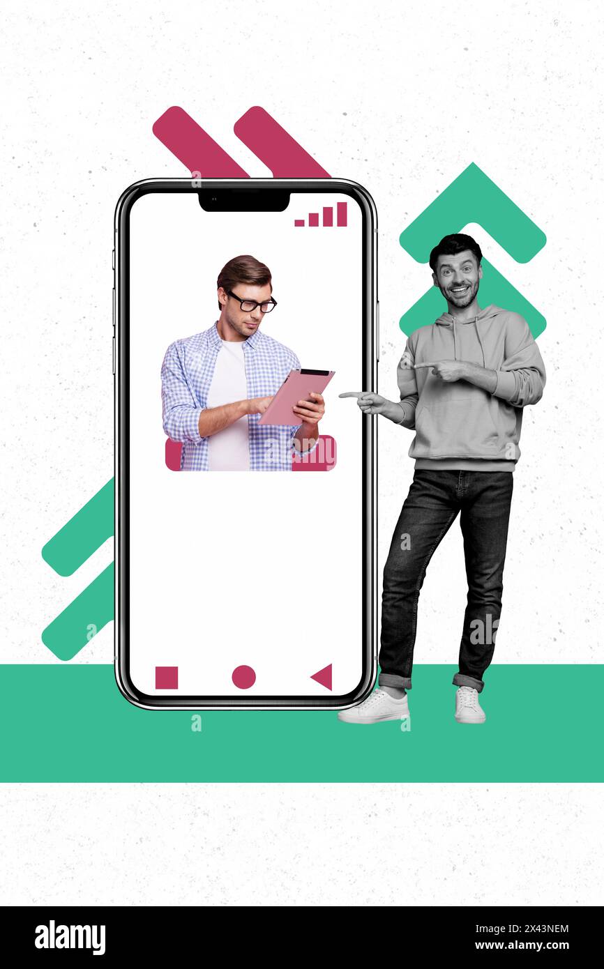 Creative trend collage of young man device display social media fake ...