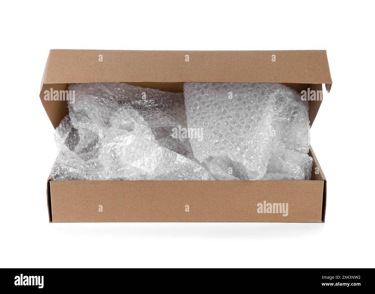 Transparent bubble wrap in cardboard box isolated on white Stock Photo ...