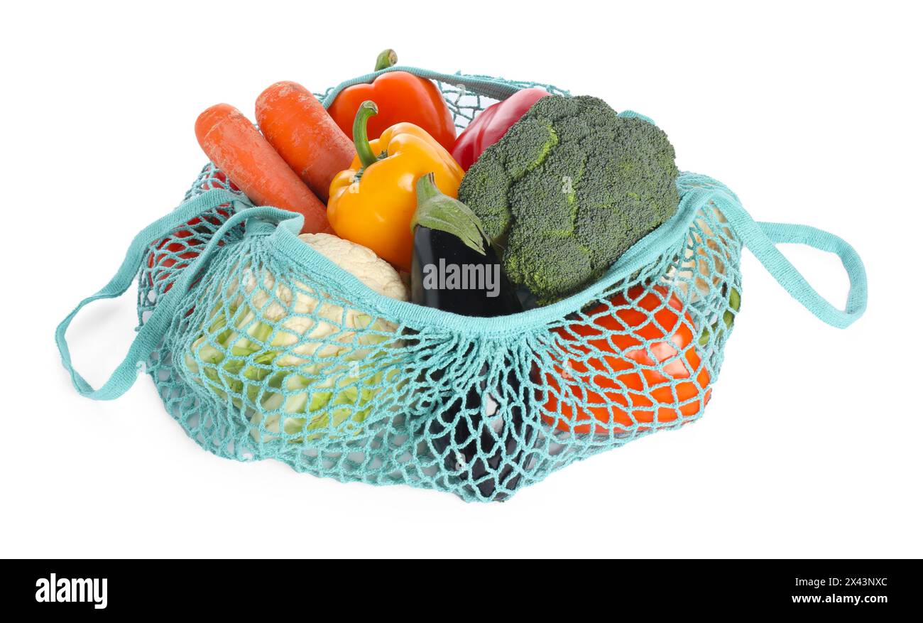 Fresh vegetables in string bag isolated on white Stock Photo - Alamy