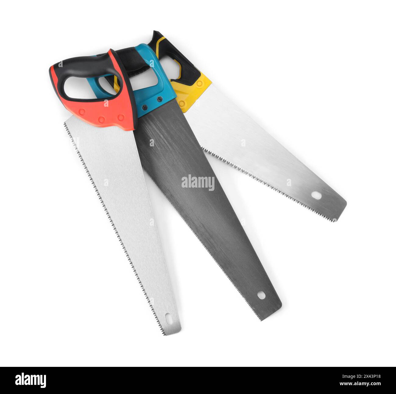 Saws with colorful handles isolated on white, top view Stock Photo - Alamy