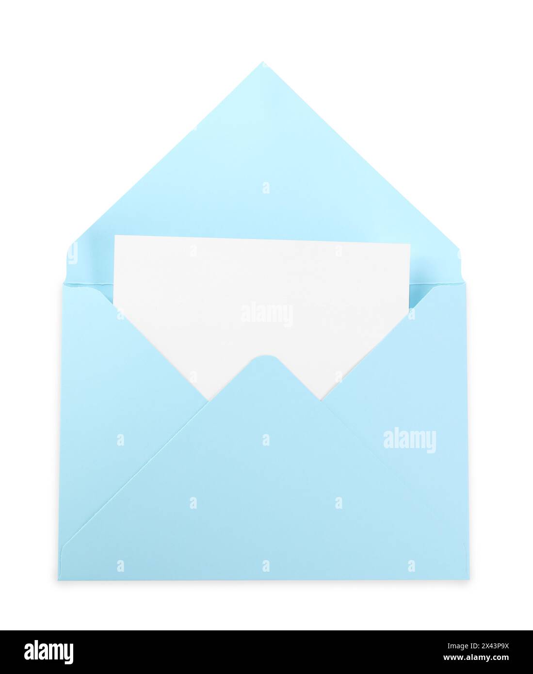 Light blue letter envelope with card isolated on white, top view Stock ...