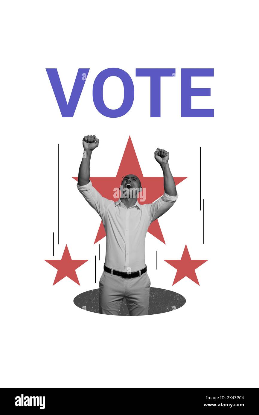 Creative trend collage of young man raise fists celebrate vote election ...