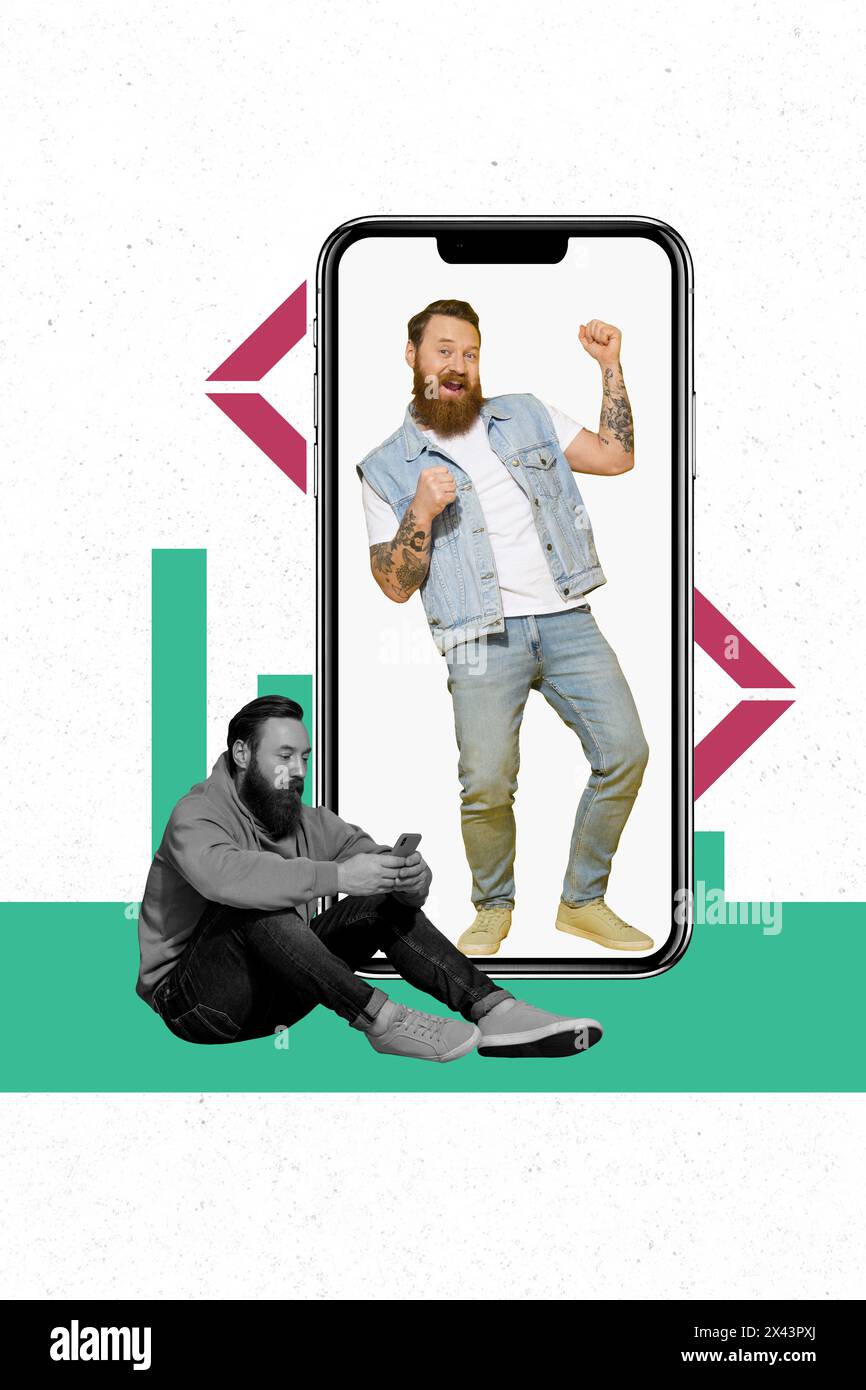 Vertical picture collage happy joyful man celebrate success victory ...