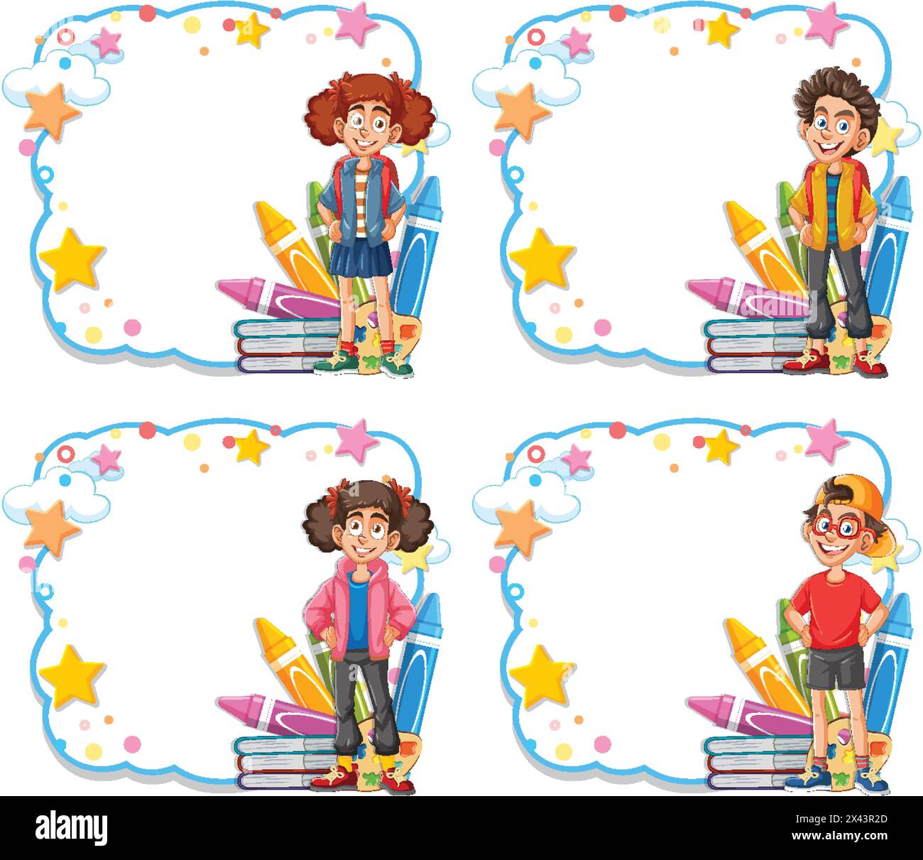 Four labels featuring children with school supplies Stock Vector Image ...