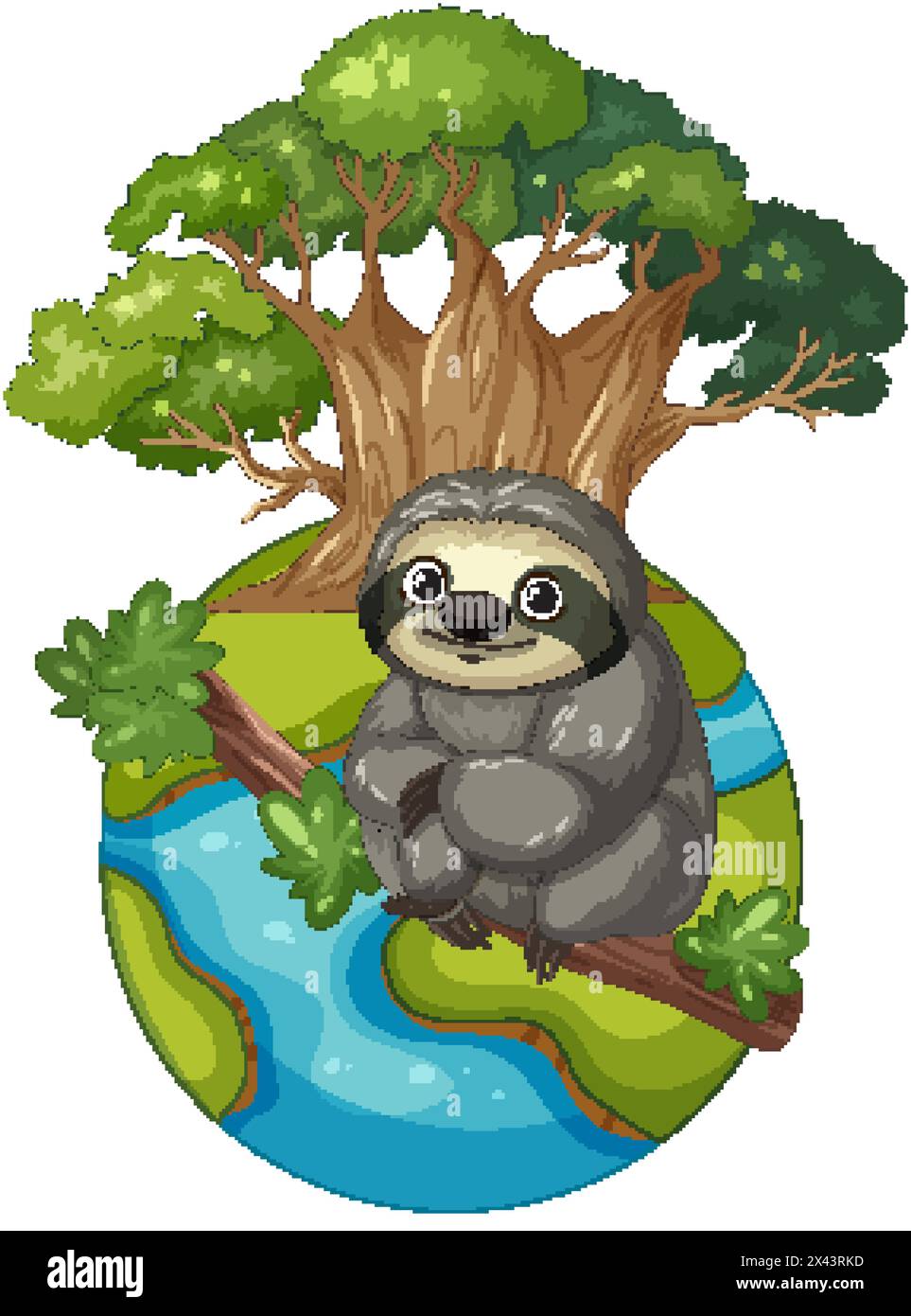 Cartoon sloth hanging from a tree on a globe Stock Vector Image & Art ...