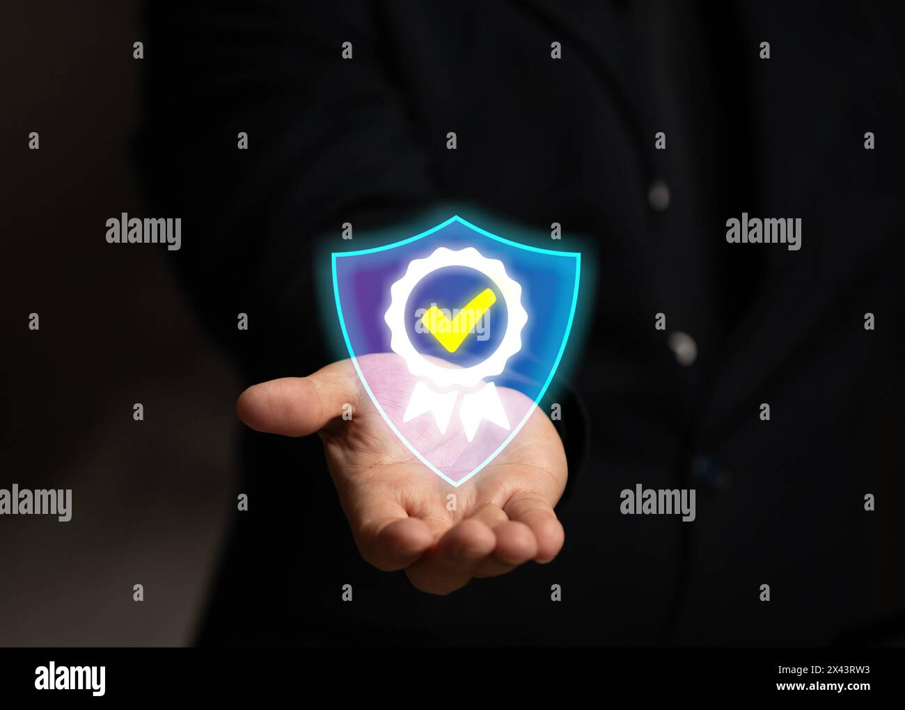 Man hand hold icon for security protection systems and satisfaction on ...