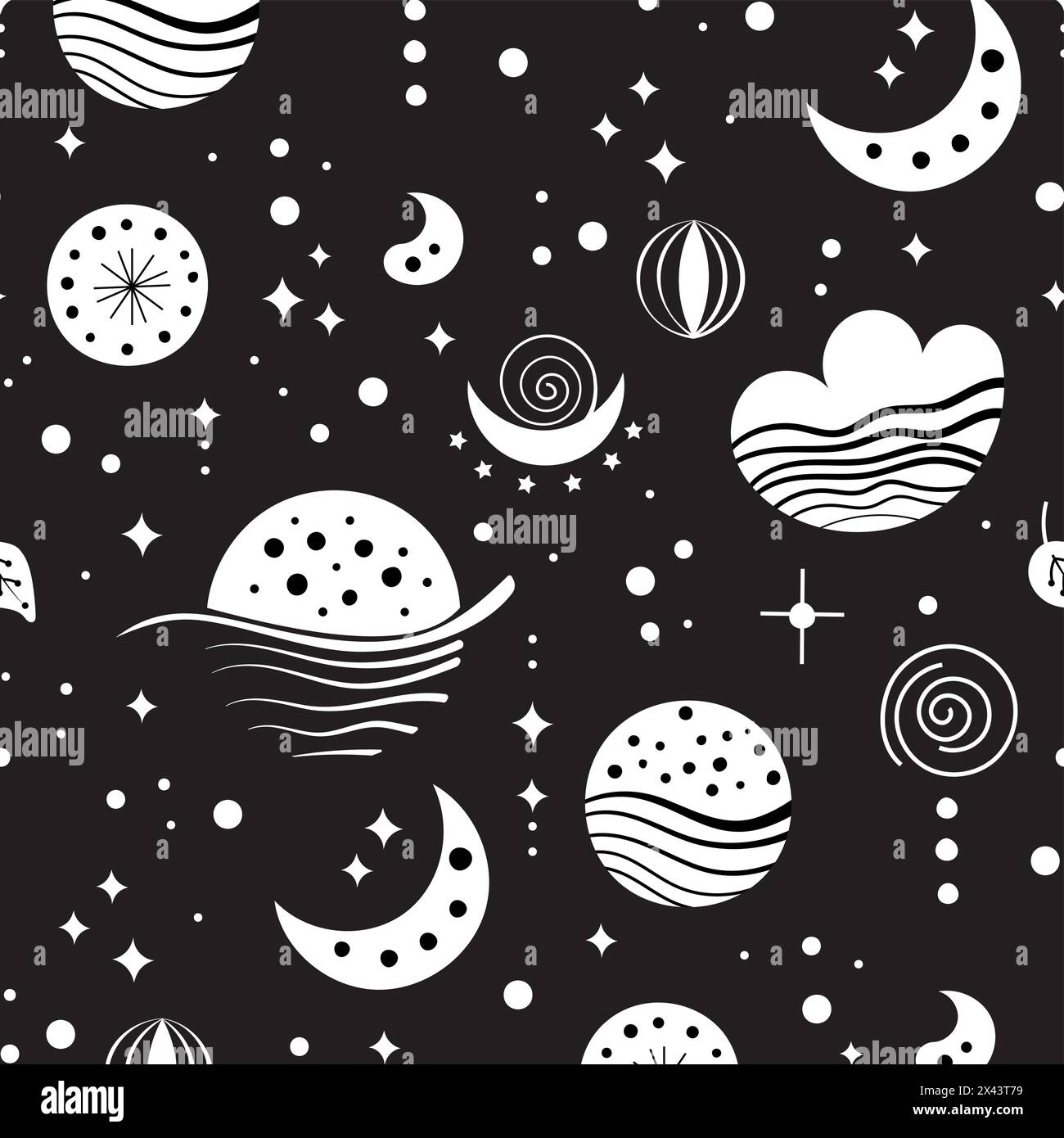 Seamless neo folk patterns with moon, cloud, sun and stars, black and ...