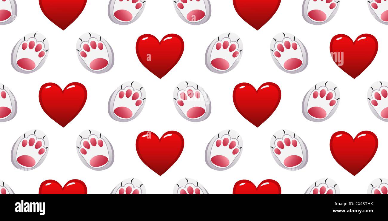 A pattern of hearts and paw prints on a white background. For fabric ...