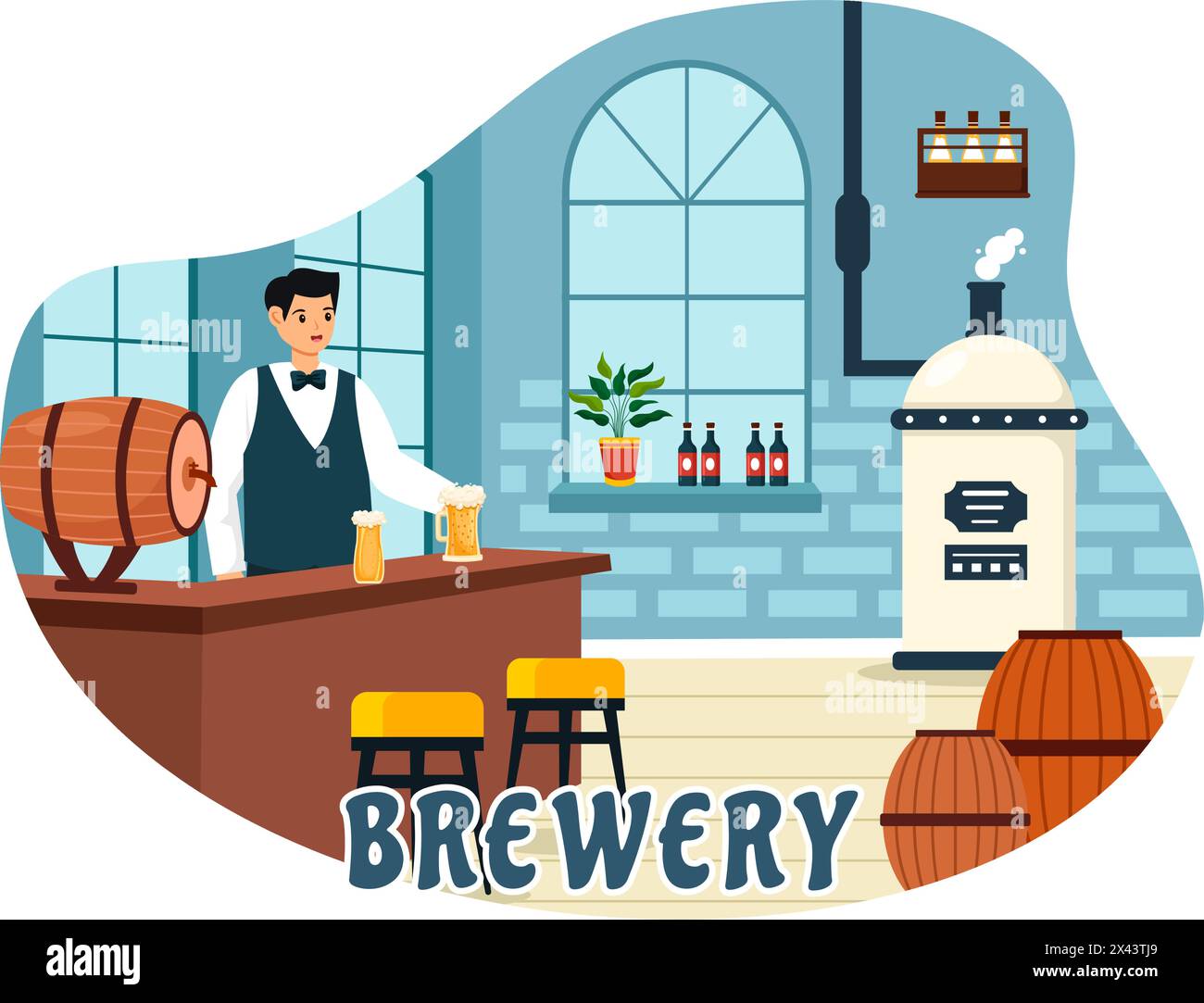 Brewery Production Process Vector Illustration with Beer Tank and Bottle Full of Alcohol Drink ...