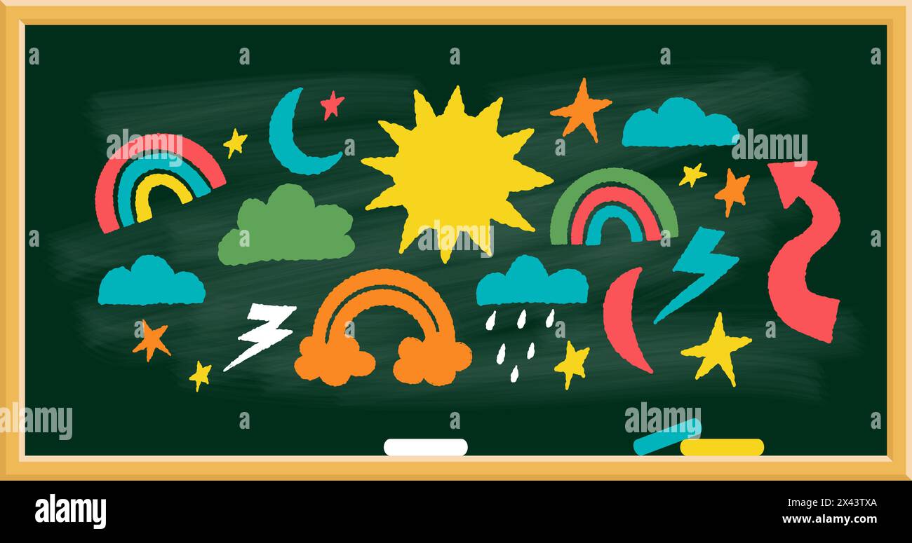 School chalk green board with chalk and drawn texture multi-colored ...