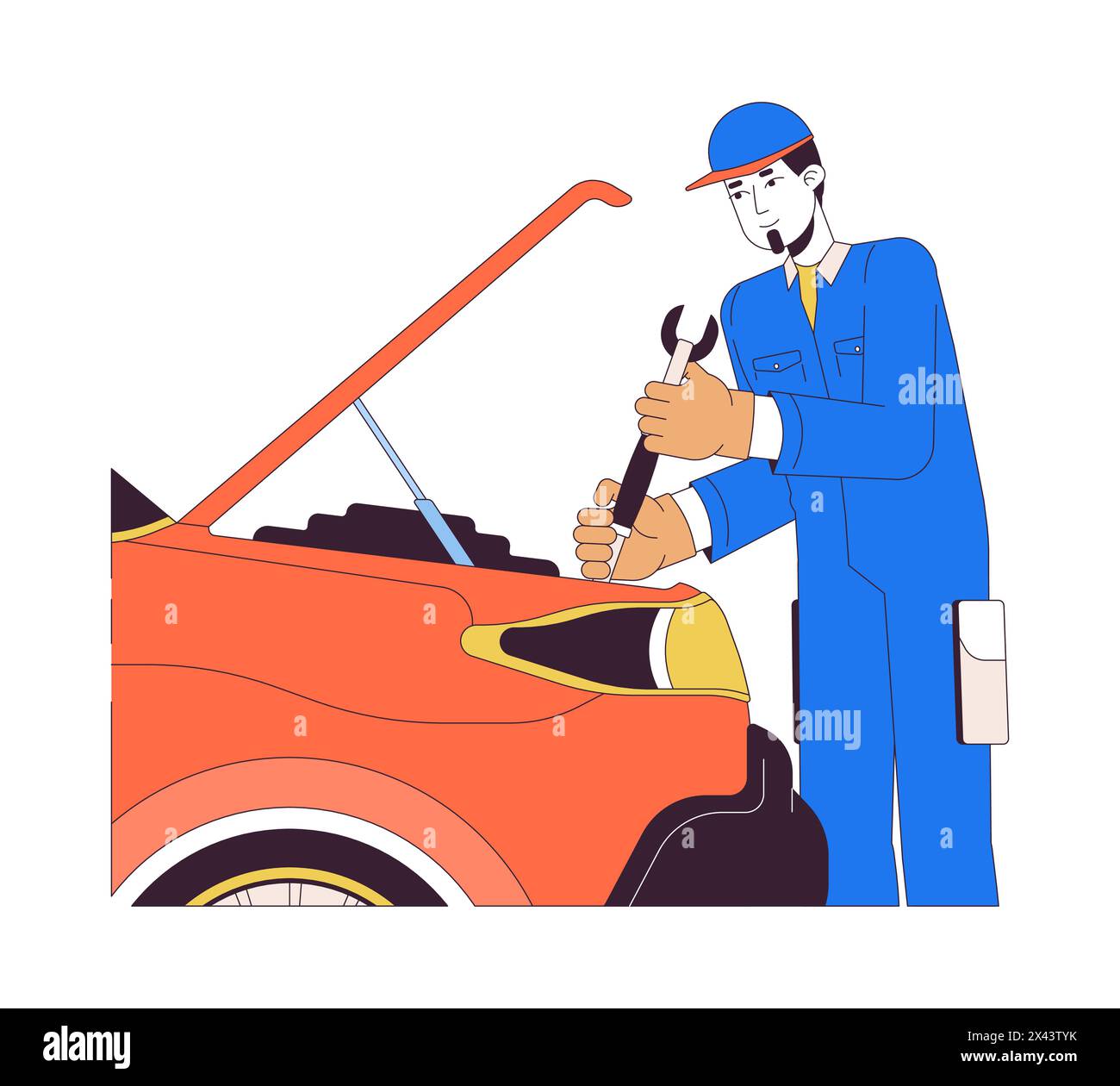 Skilled caucasian mechanic repairing car 2D linear cartoon character ...