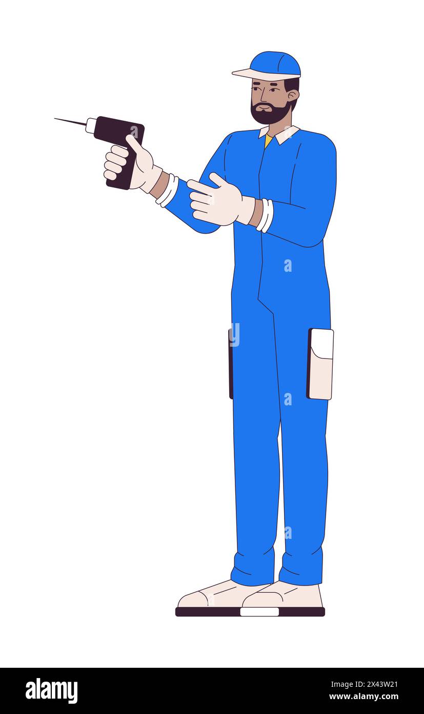 African american repairman with drill 2D linear cartoon character Stock ...