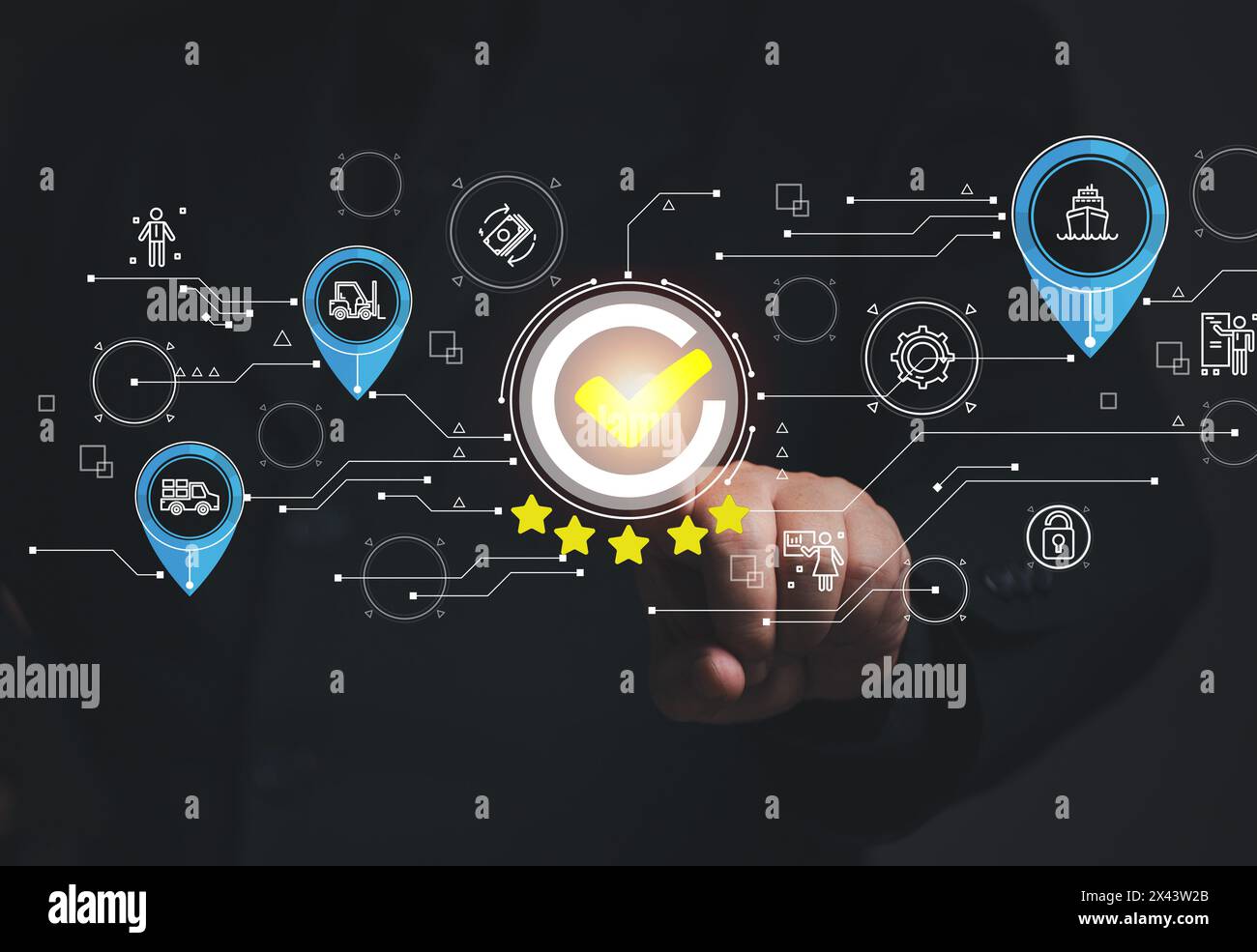 Businessman pointing at map of world marketing satisfaction icons on ...