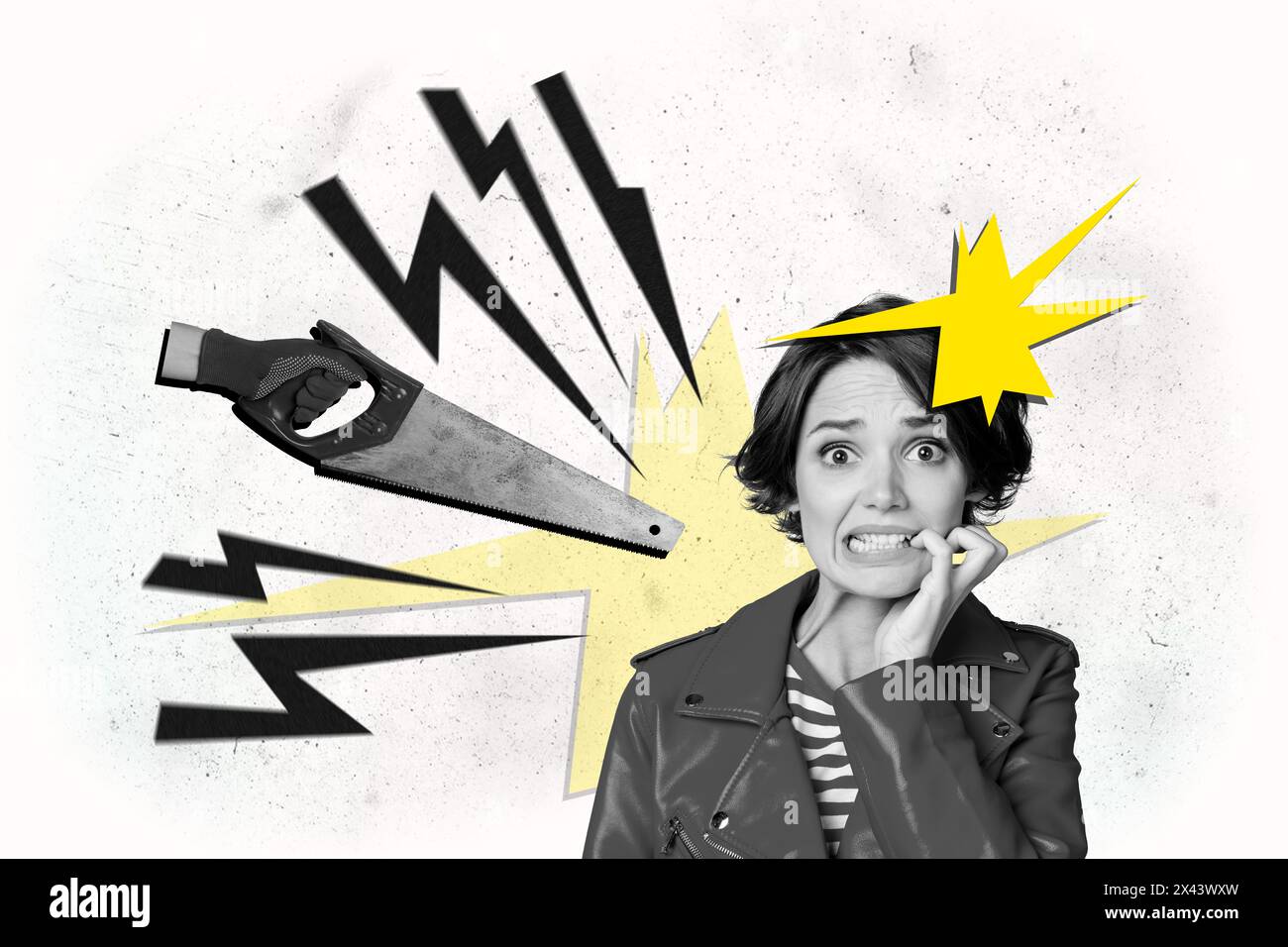 Composite photo collage of frightened scared girl victim bite fingers ...