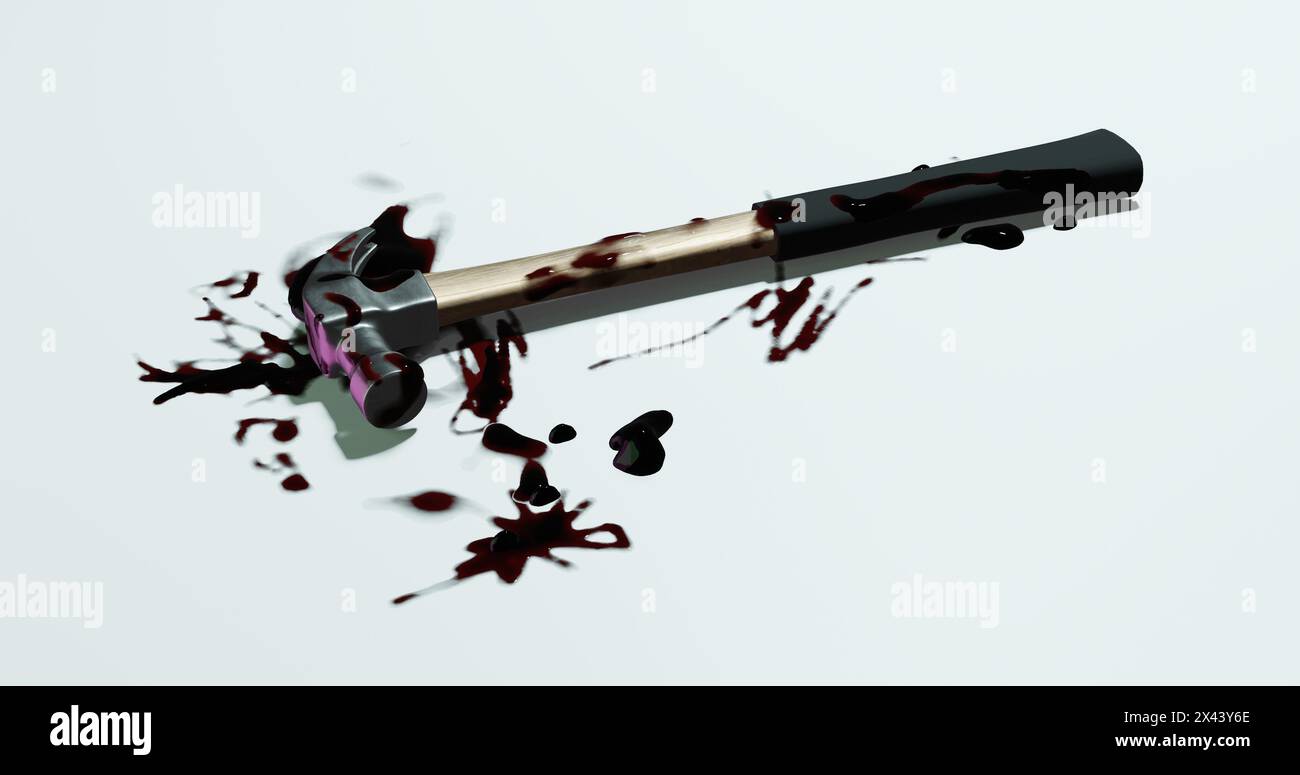 3d render of hammer with blood stain for crime scene or violence ...