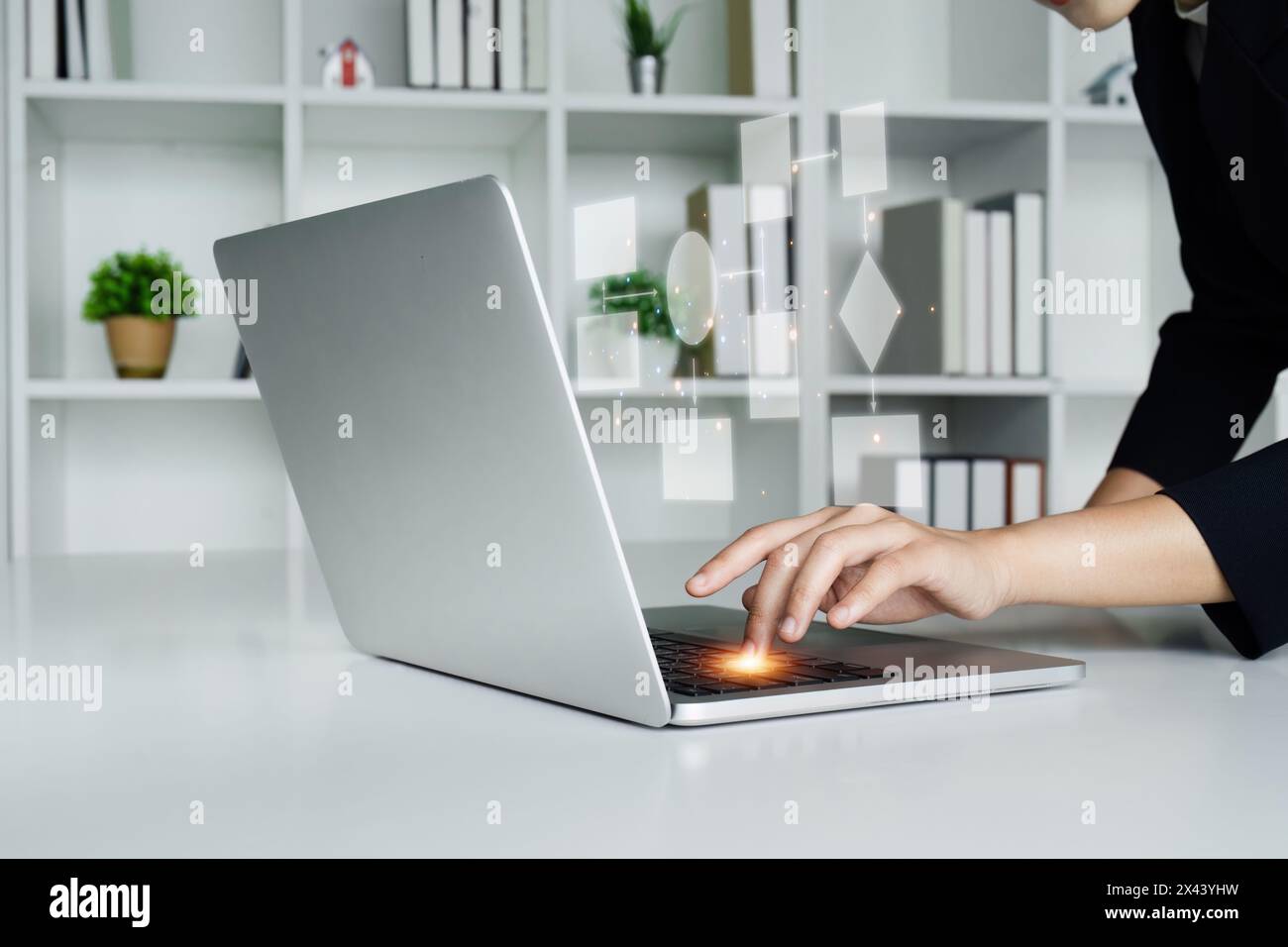 Business woman using a computer analysis for process and workflow ...